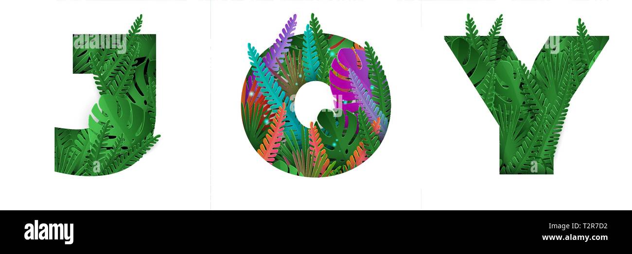 the word joy with colorful tropical leaves letters on white background ...