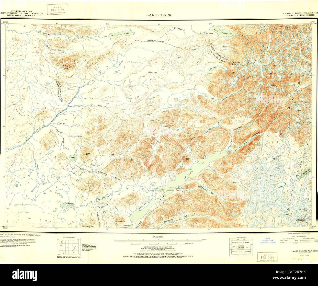USGS TOPO Map Alaska AK Lake Clark 361089 1951 250000 Restoration Stock ...