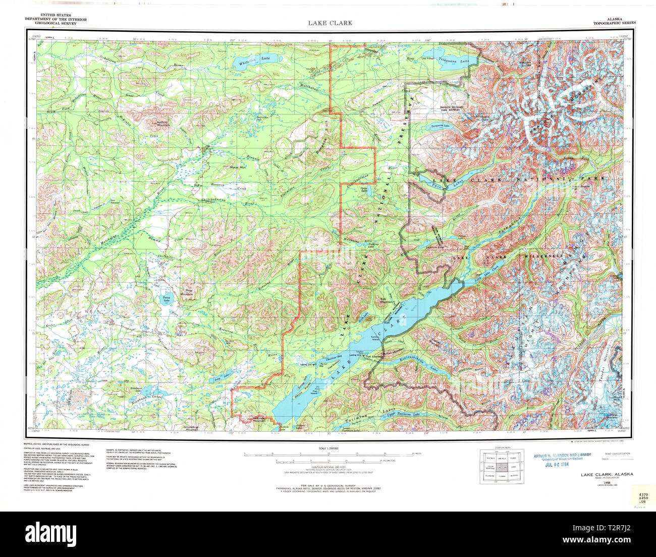 USGS TOPO Map Alaska AK Lake Clark 707805 1958 250000 Restoration Stock ...