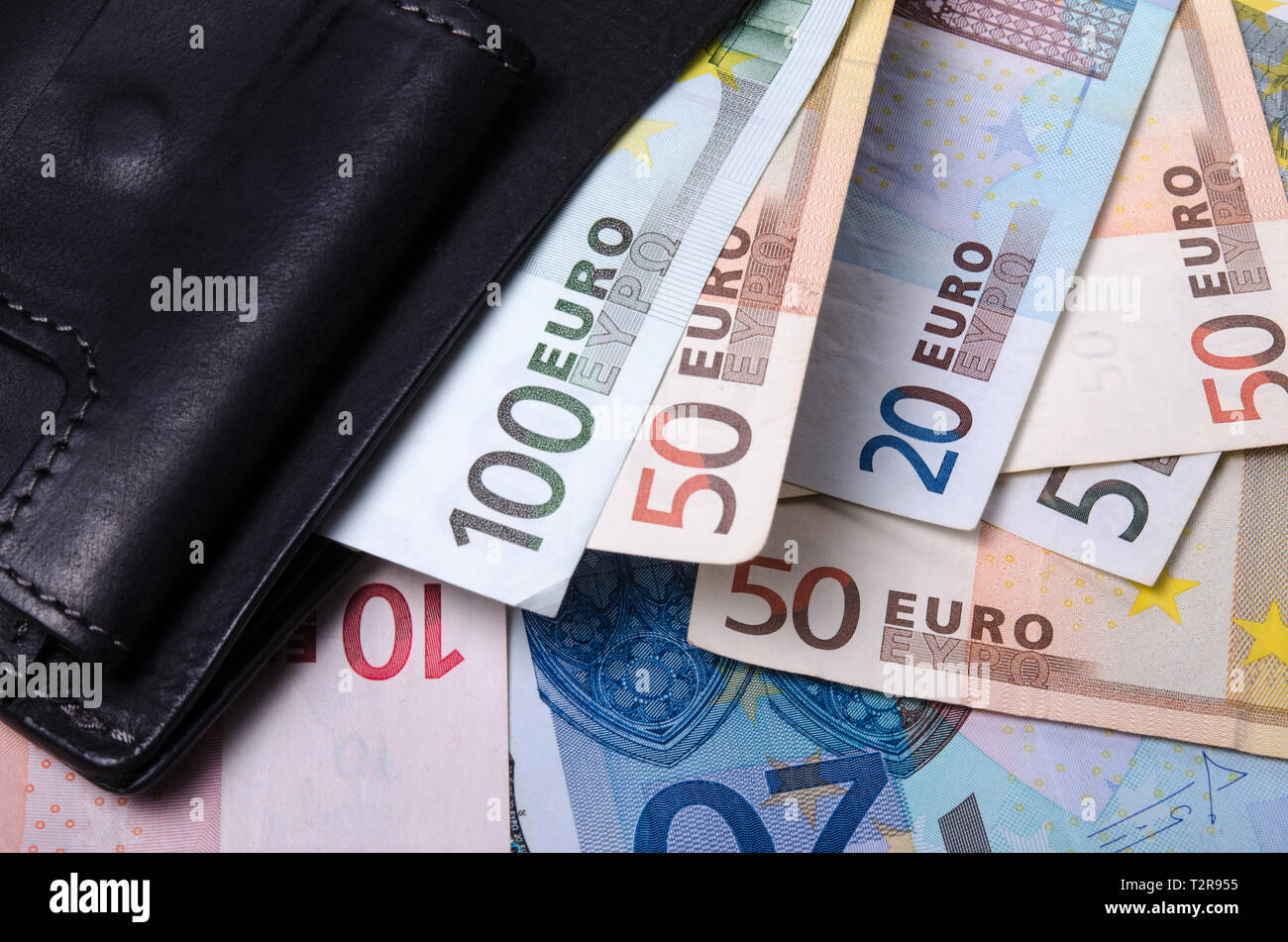 Euro banknotes from the first series of various denominations in the ...