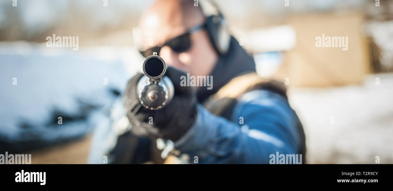 Tactical combat pump gun shooting training. Shotgun weapon action ...