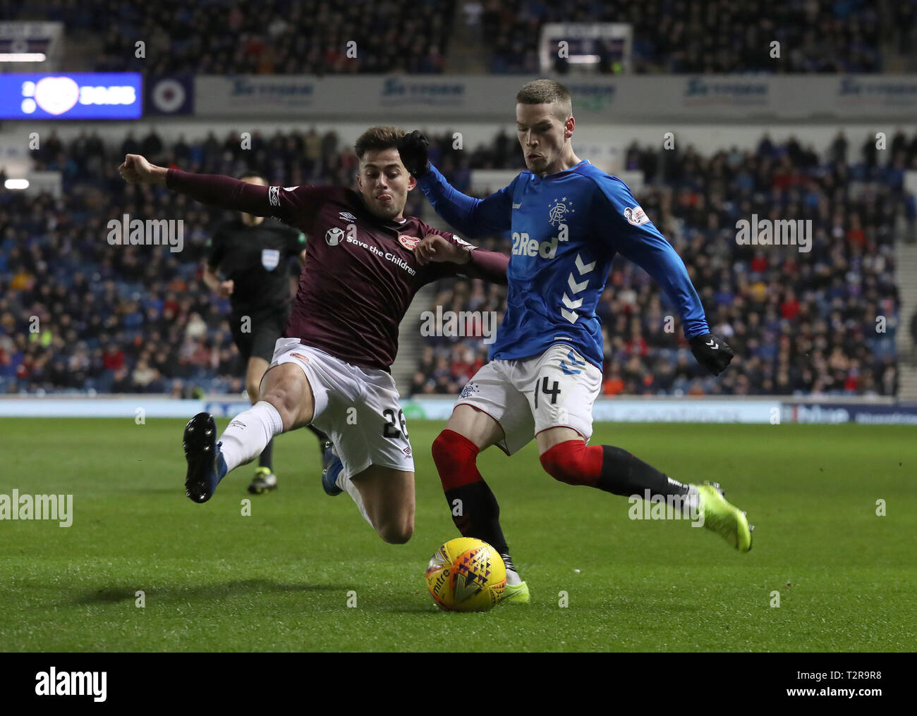 Rangers Ryan Kent (right) challenges Hearts Marcus Godinho during the ...
