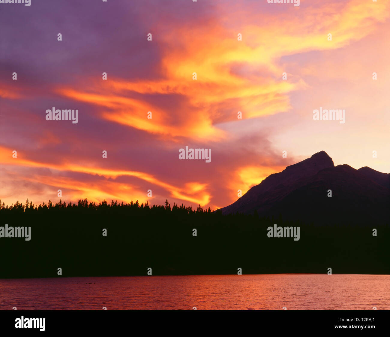 Canada, Alberta, Banff National Park, Flaming sunset over Mount ...