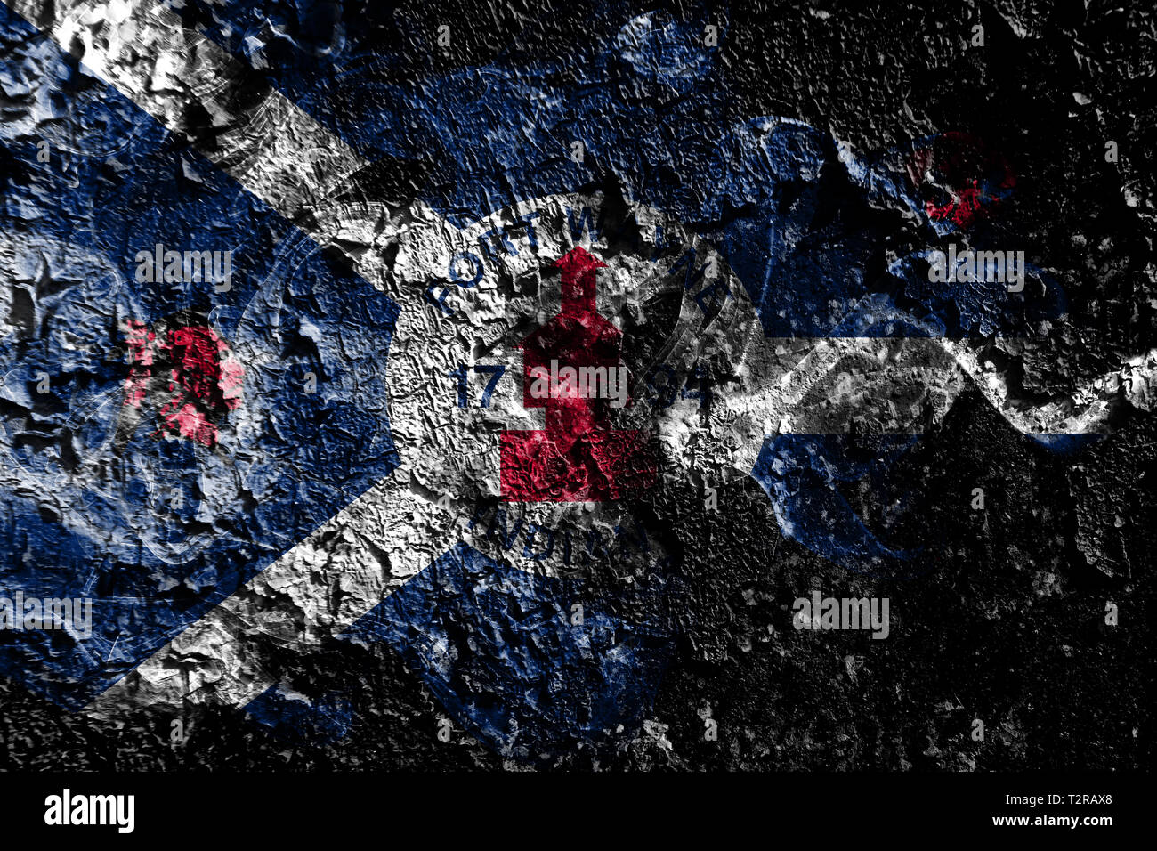 Fort Wayne, Indiana smoky mystical flag on the old dirty wall ...