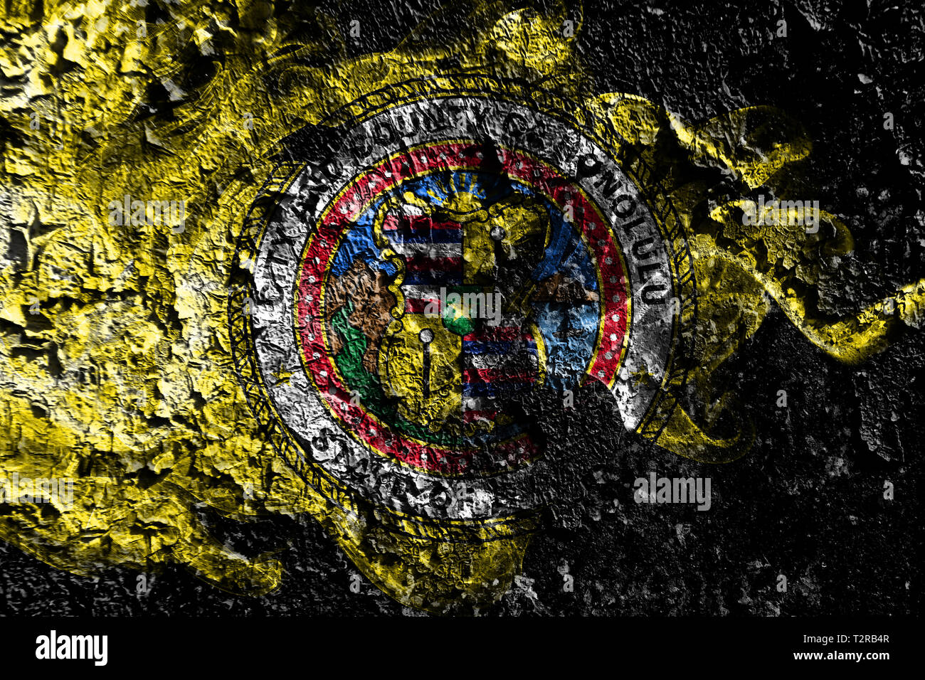 Honolulu, Hawaii smoky mystical flag on the old dirty wall background ...