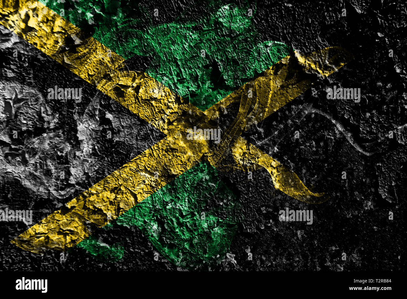 Jamaica smoky mystical flag on the old dirty wall background Stock ...