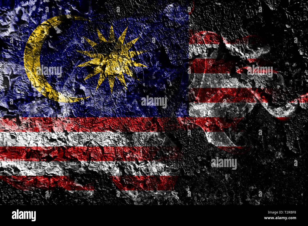 Malaysia smoky mystical flag on the old dirty wall background Stock ...