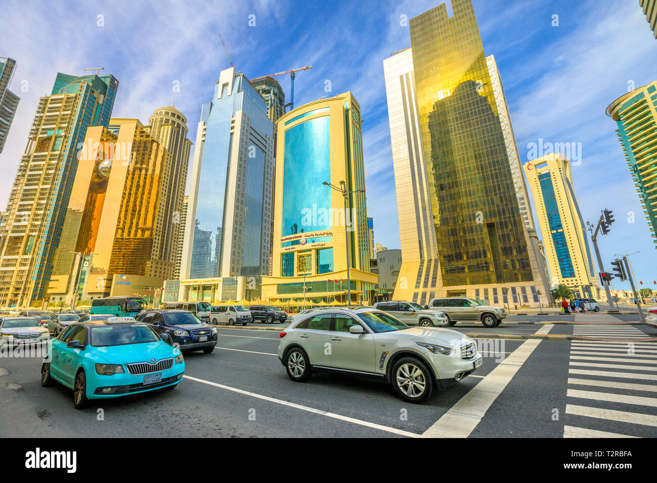 Doha, Qatar - February 17, 2019: street view and urban traffic from ...
