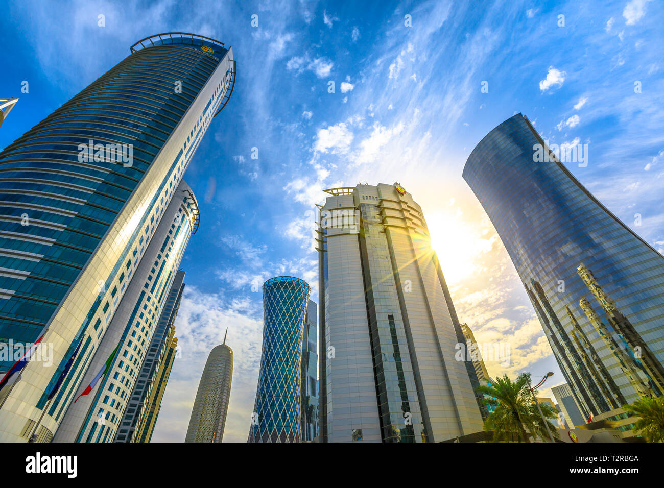 Doha, Qatar - February 17, 2019: bottom view of Al Fardan Towers ...
