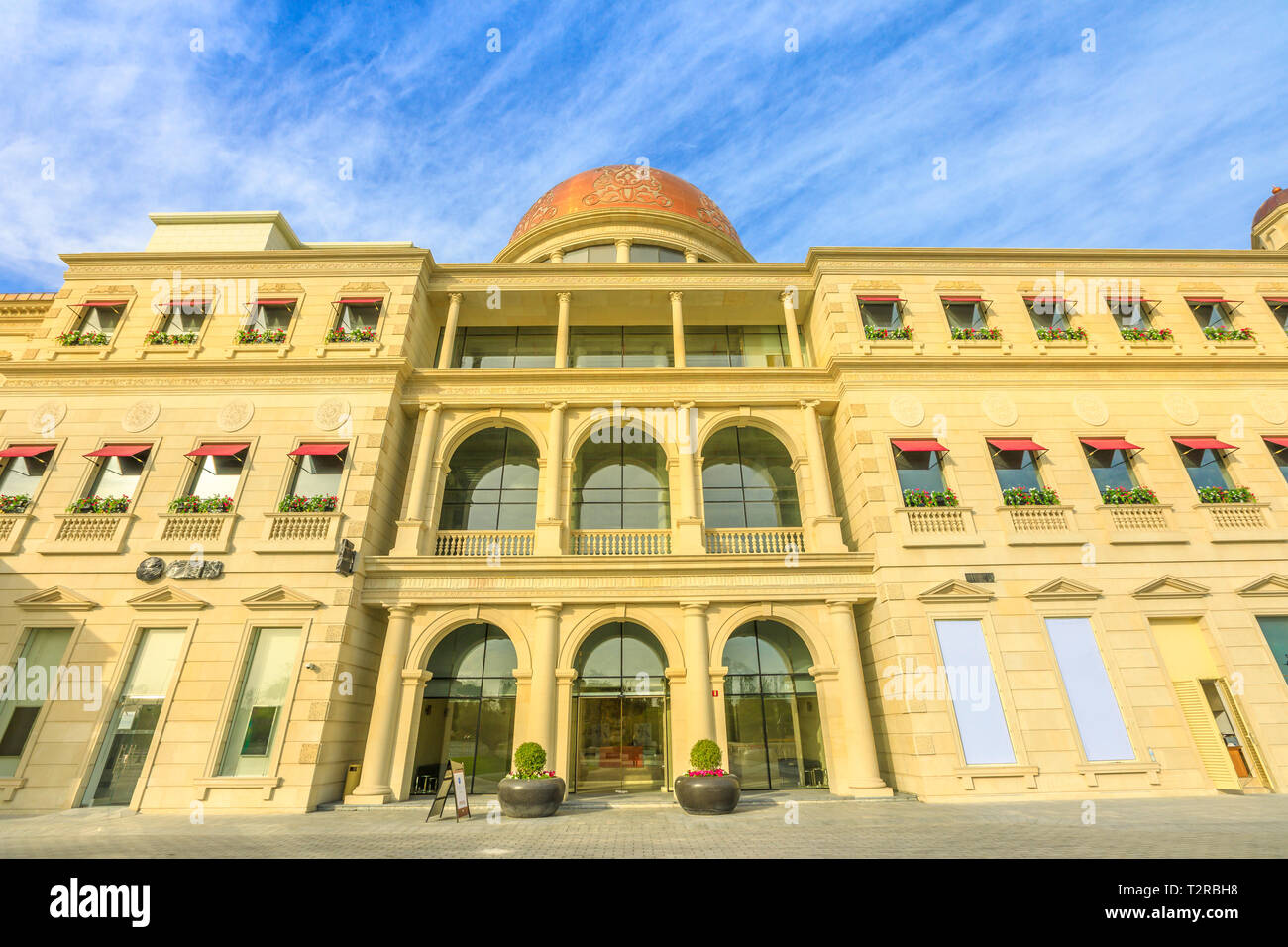Doha, Qatar - February 17, 2019: front view of Katara Plaza at Katara ...