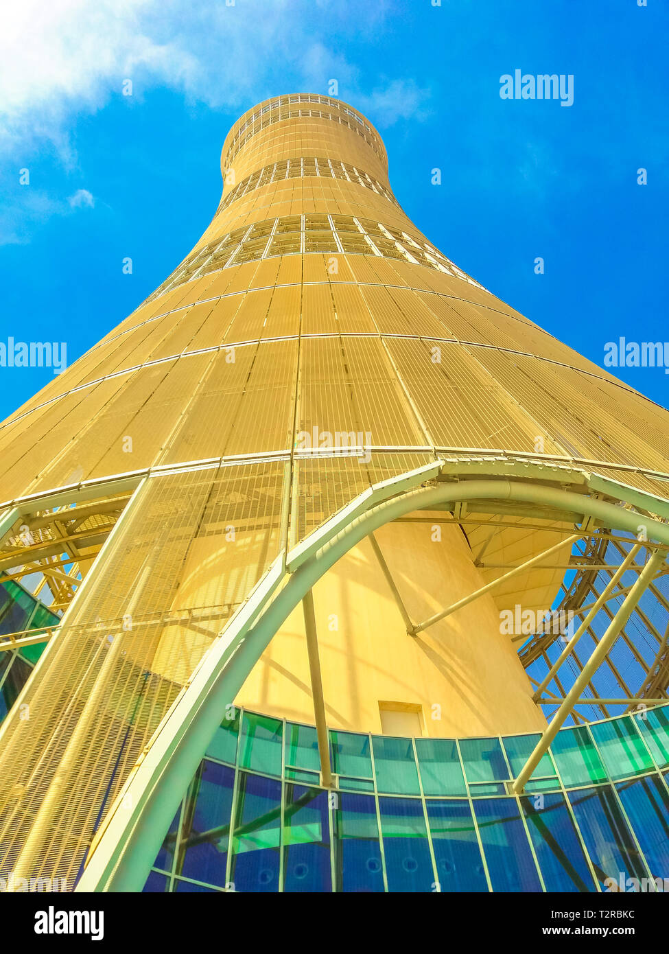 Doha, Qatar - February 21, 2019: bottom view of the Aspire Tower luxury ...