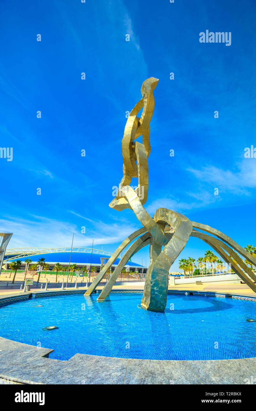 Doha, Qatar - February 21, 2019: Olympic rings monument at Aspire Zone ...