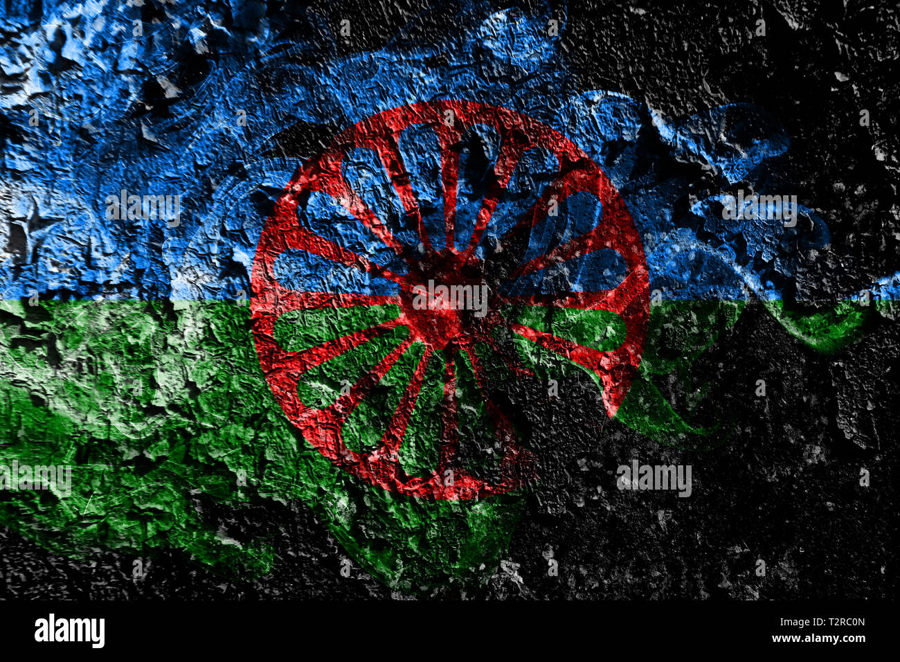 Romani people smoky mystical flag on the old dirty wall background ...