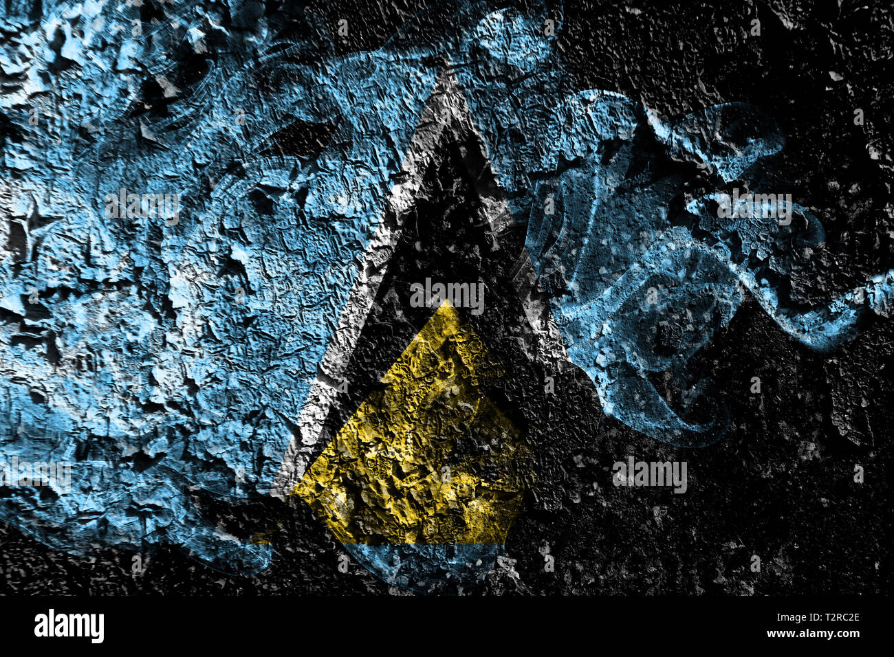 Saint Lucia smoky mystical flag on the old dirty wall background Stock ...