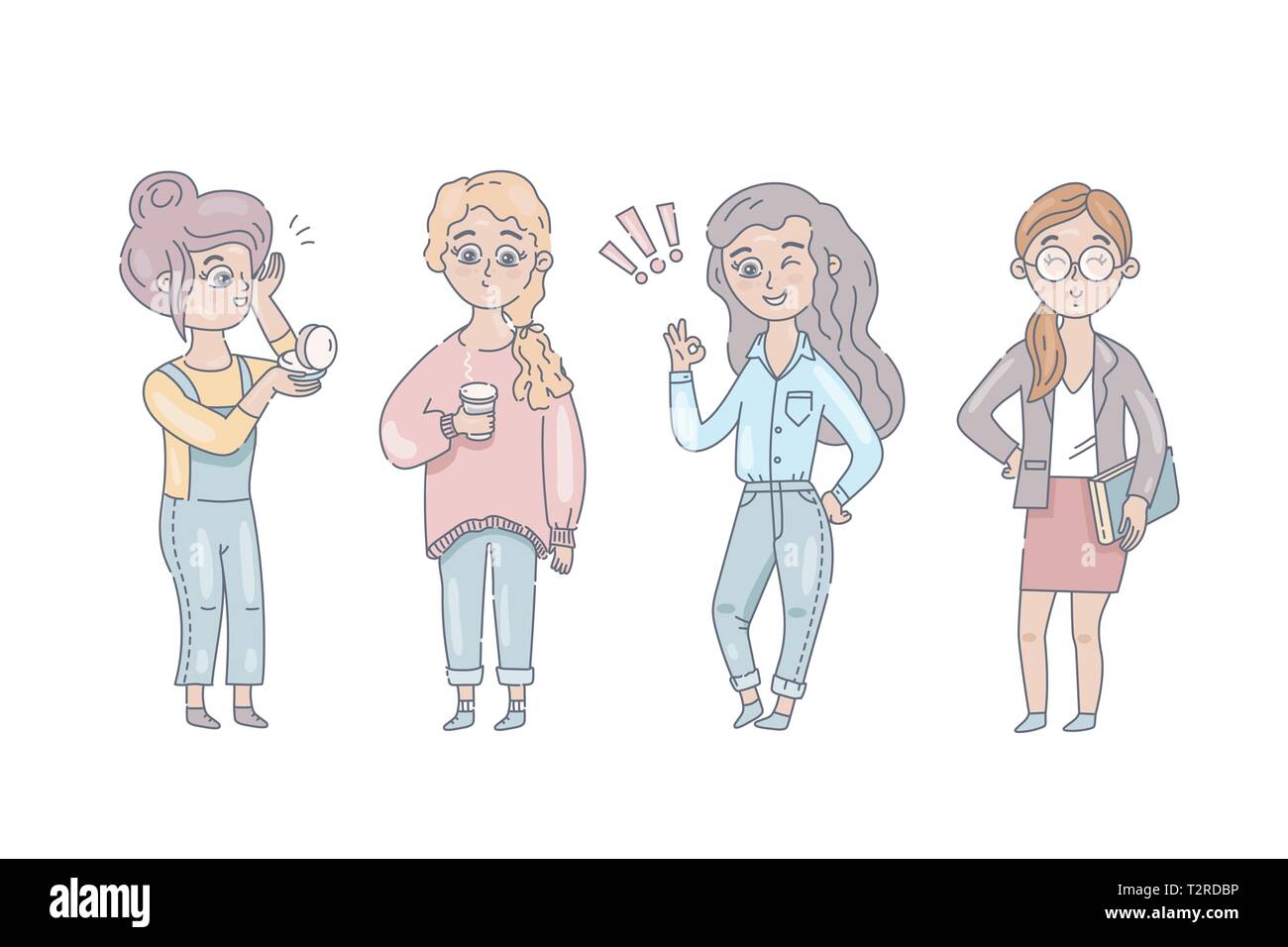 Girls talking. Comic characters set of four girls stand together and ...