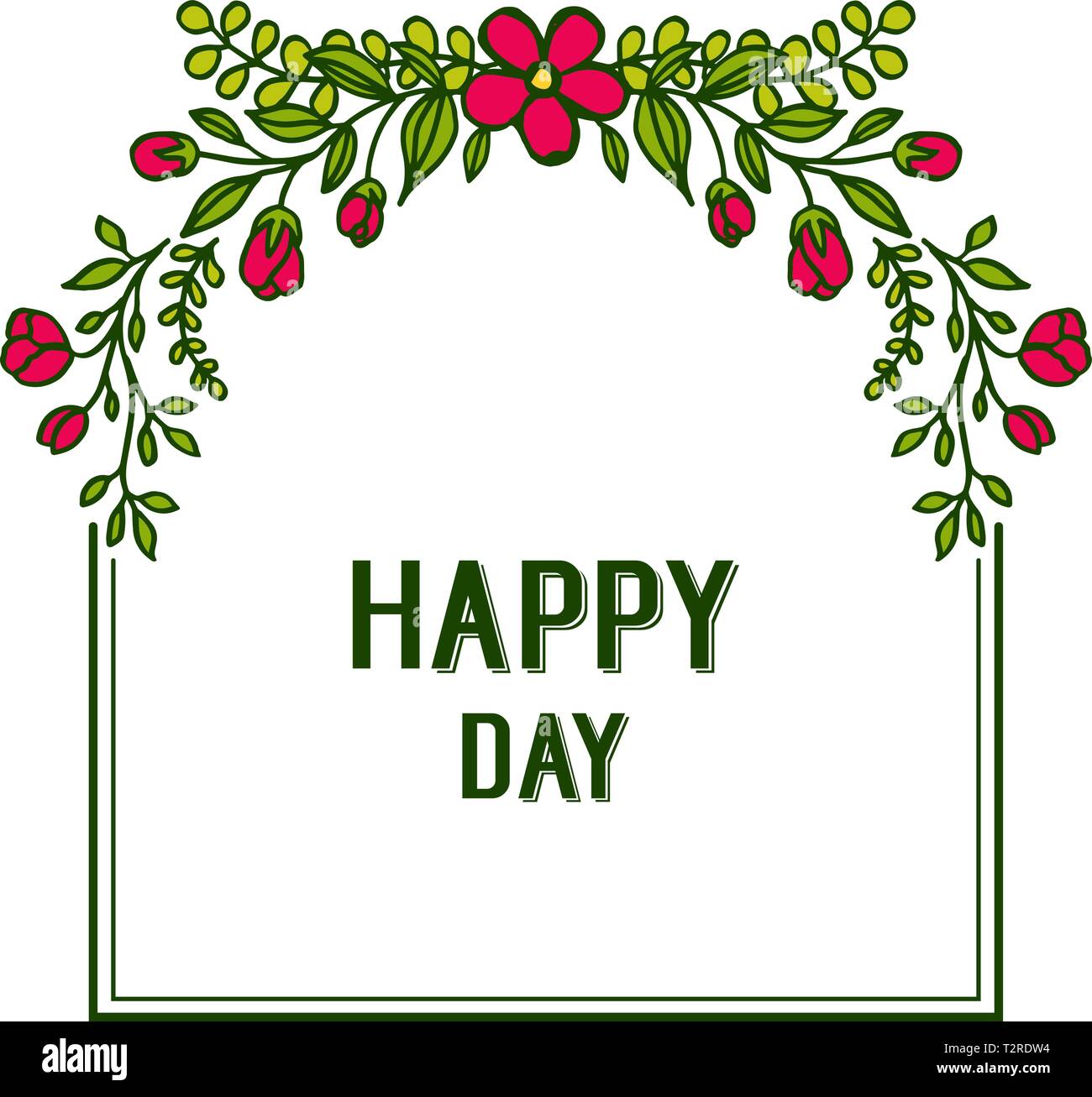 Vector illustration template happy day with green leafy flower frame ...