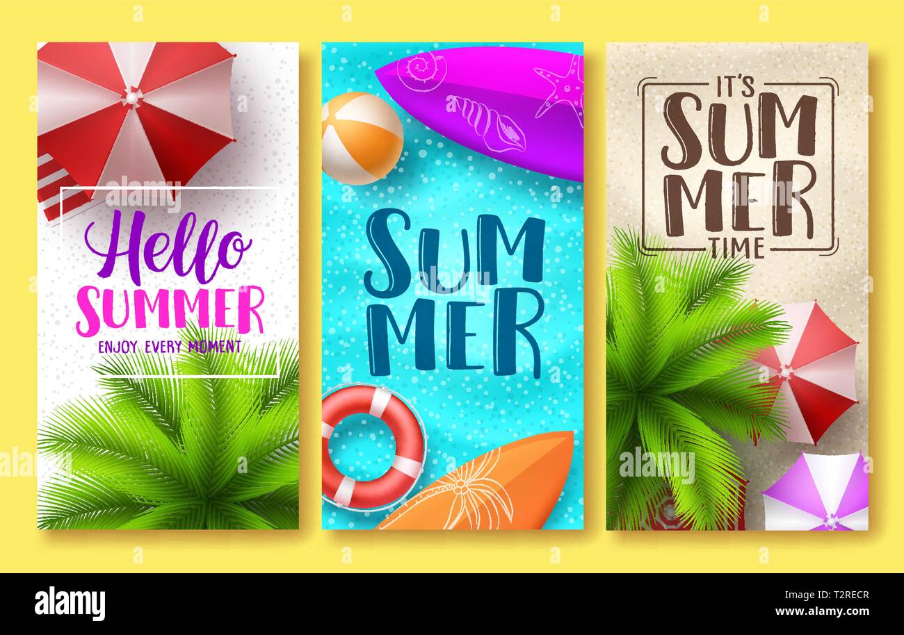 Summer design vector poster set. Hello summer greeting text in beach sand background with ...