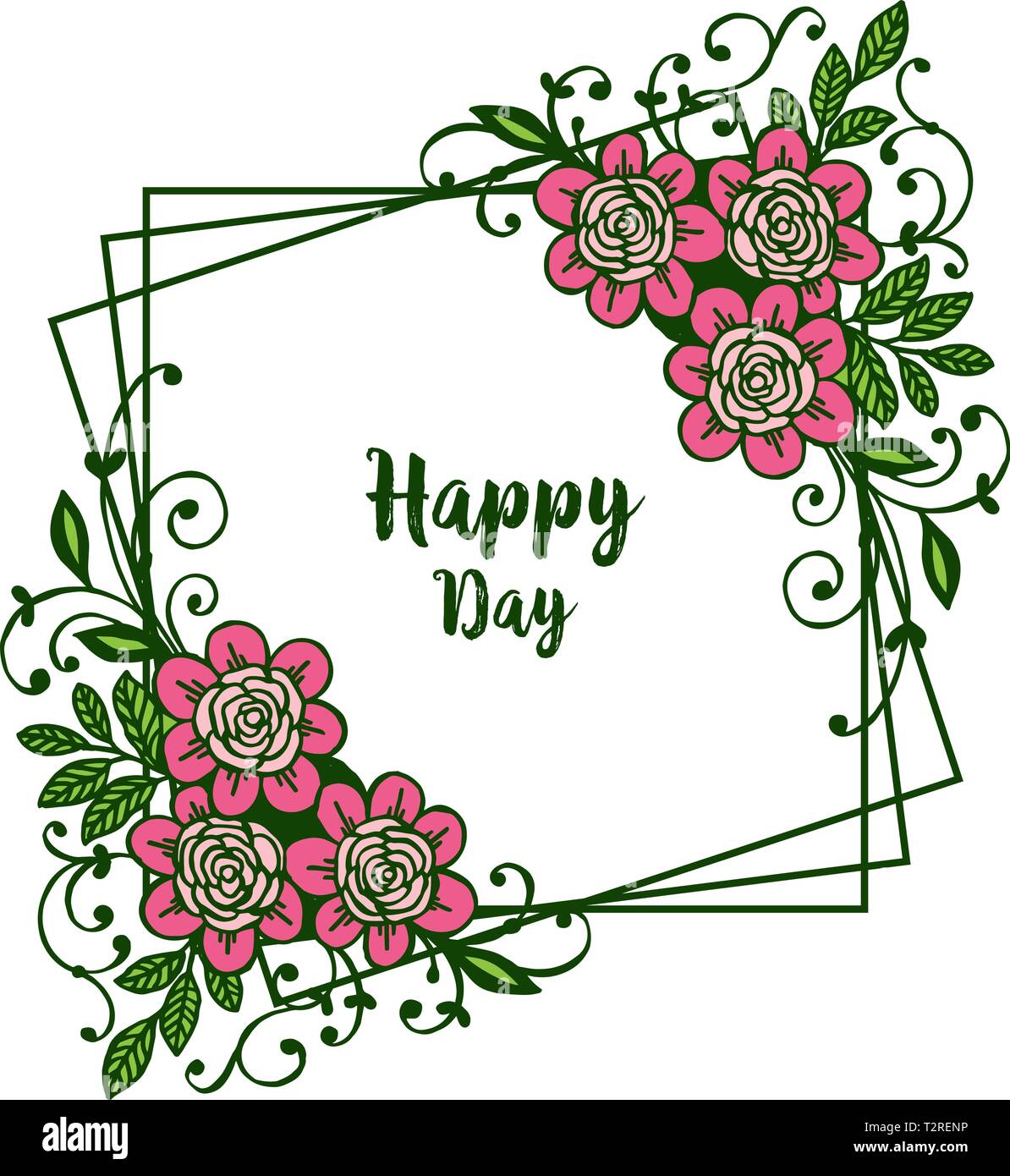 Vector illustration template happy day with red floral frame hand drawn ...