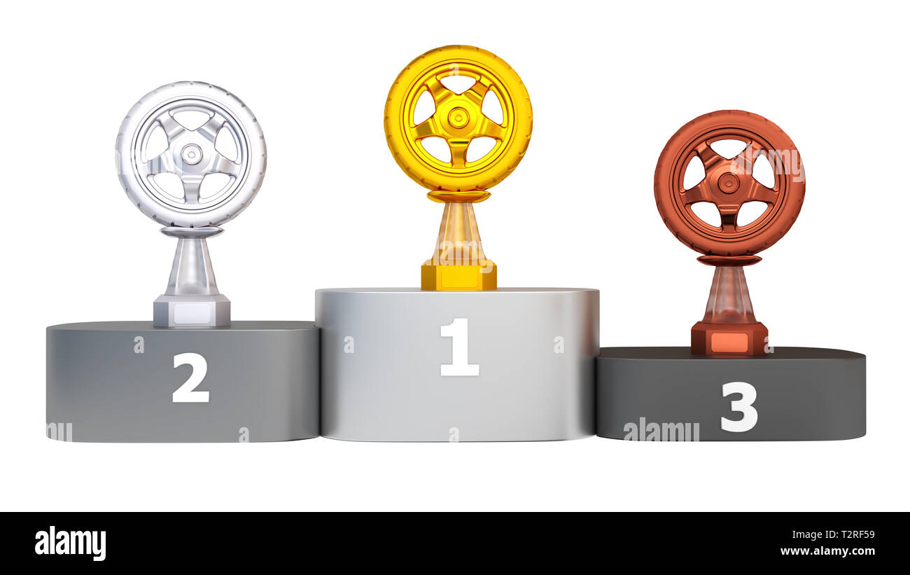 Front View of Sport Car Wheel Trophies on podium with a white ...