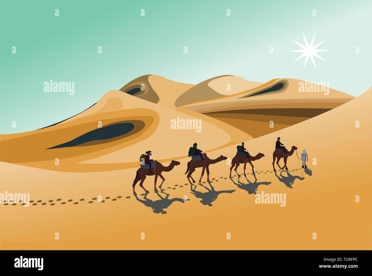 Four camel riders are hiking in the hot sun in the desert with sand ...