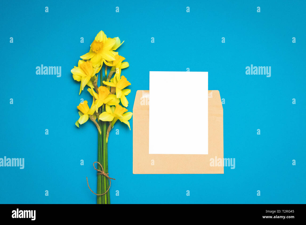 Beautiful bouquet of daffodil flowers with an envelope, greeting card ...