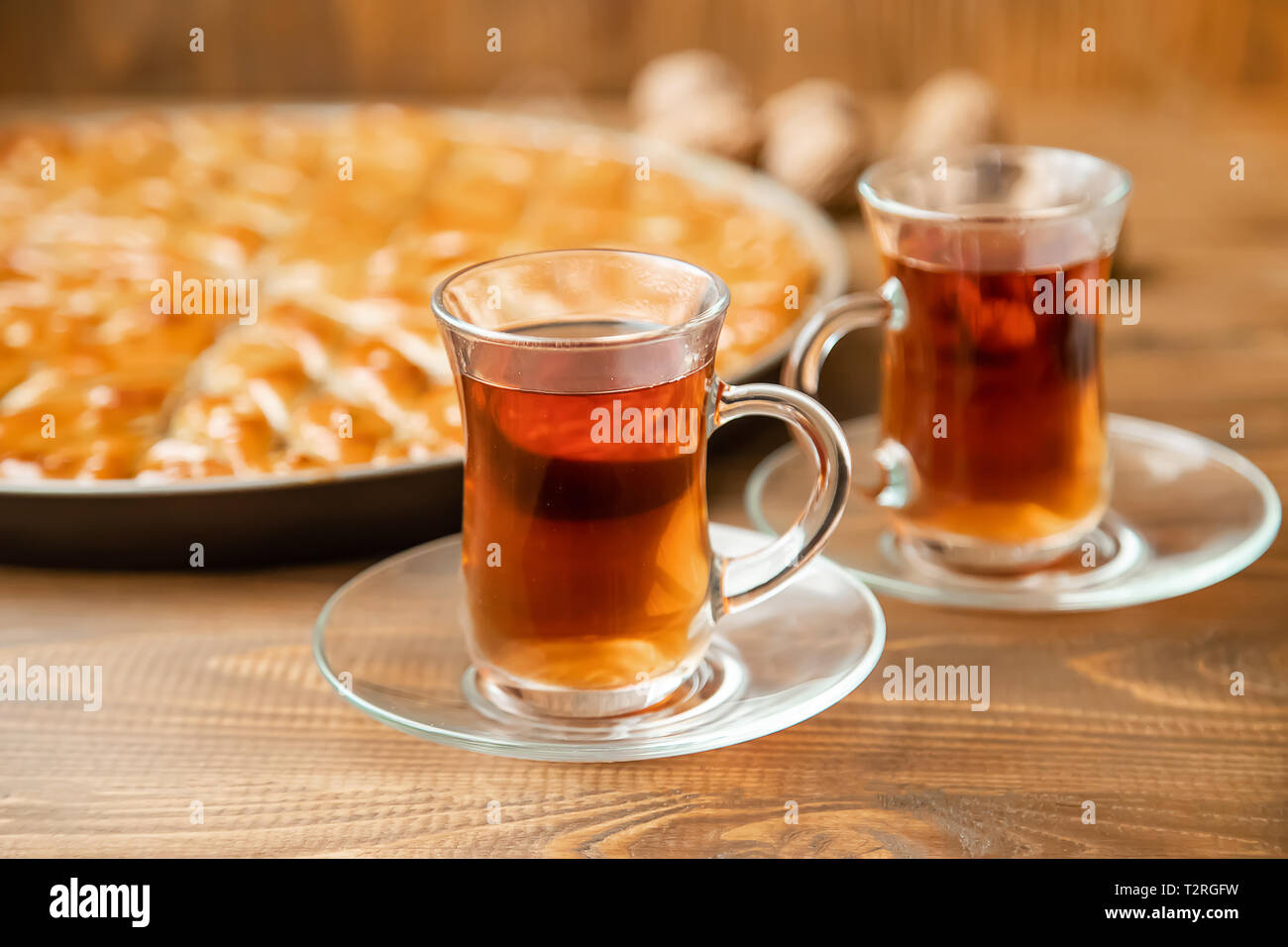 Baklava with nuts on a wooden background. Selective focus. food and ...