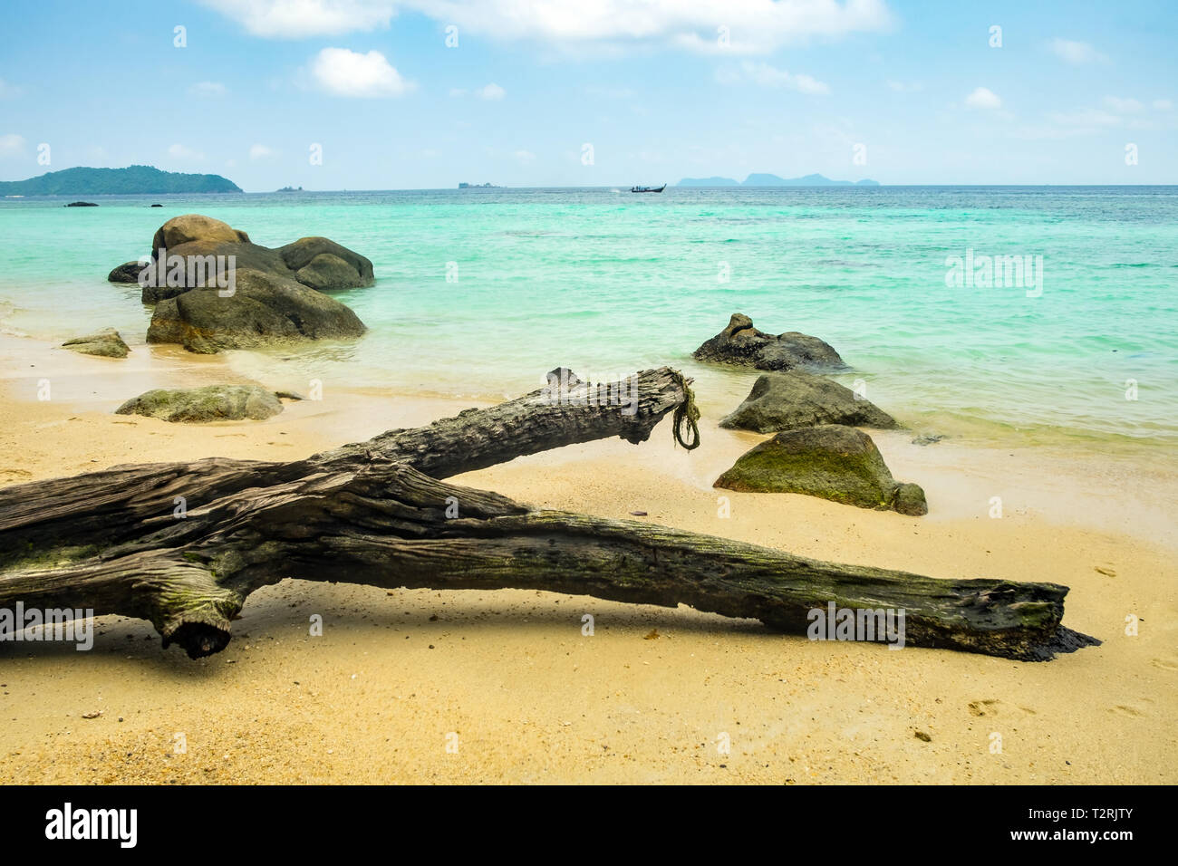 Reef rock log on sand and blue emerald sea Stock Photo - Alamy