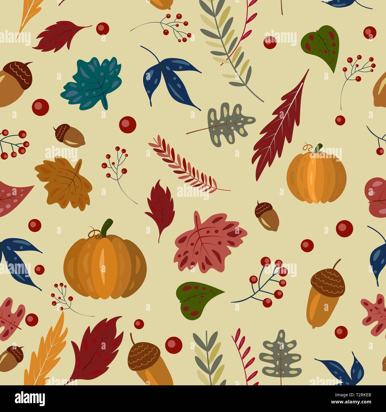 Autumn seamless patern with pumpkin, fall leaves, acorns Vector ...