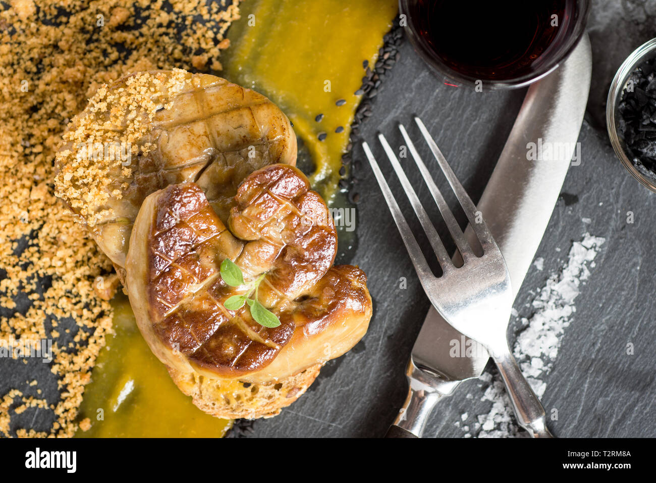Foie Gras with Mango Puree on Dark Stone Background. French Cuisine ...