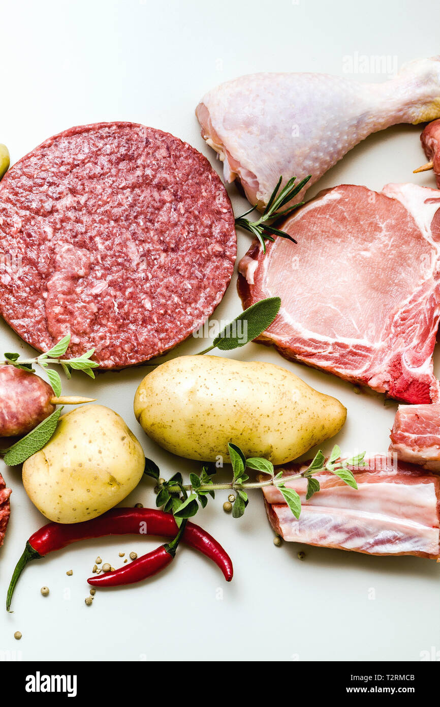 different types of raw meat: chicken thighs, pork and beef burgers ...