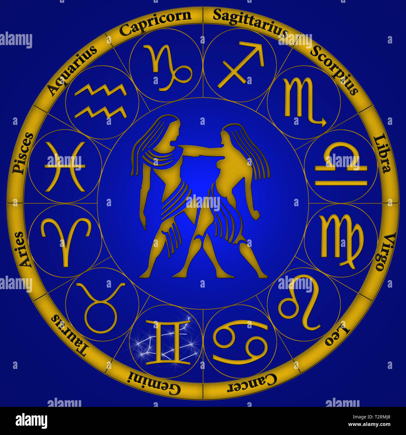 zodiac signs as golden reliefs on a blue-golden emblem Stock Photo - Alamy