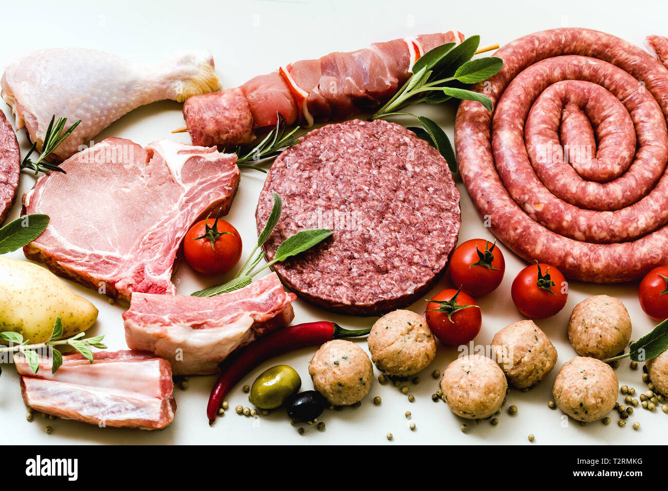 different types of raw meat: chicken thighs, pork and beef burgers ...