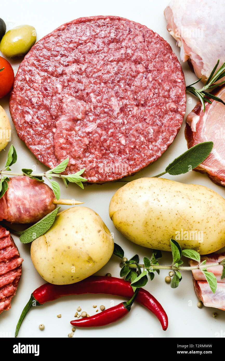different types of raw meat: chicken thighs, pork and beef burgers ...