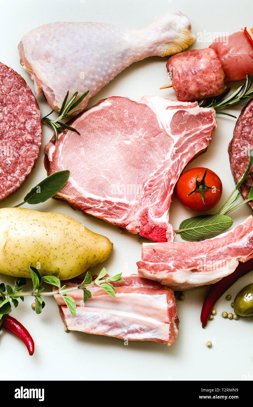 different types of raw meat: chicken thighs, pork and beef burgers ...