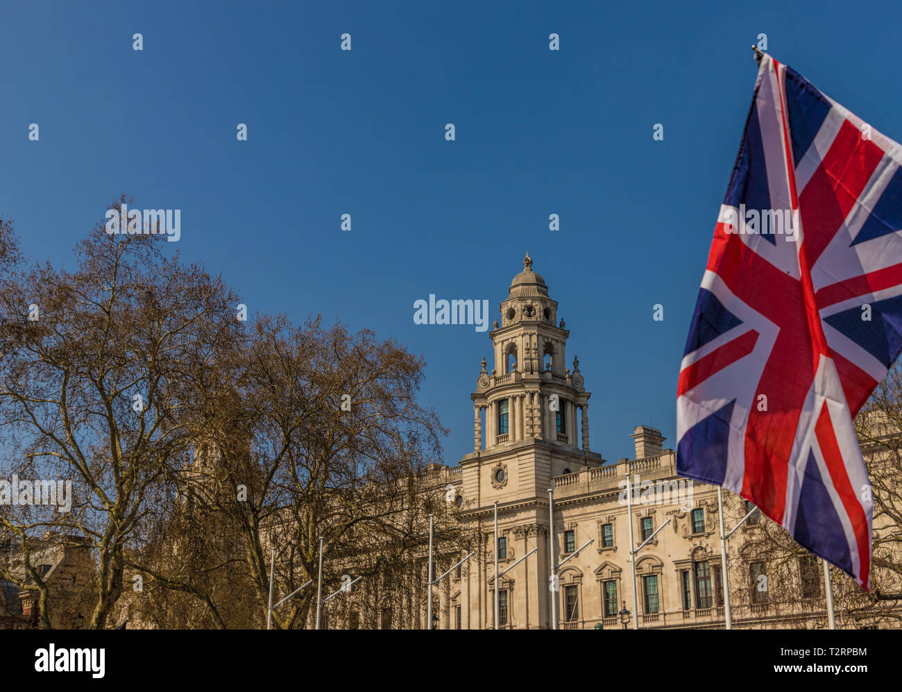 March 29 2019. London. Union flags flying by parliament in parliament ...