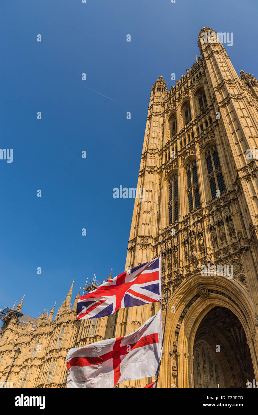 March 29 2019. London. Union flags flying by parliament in parliament ...