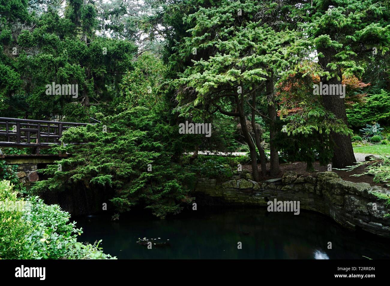 a very romantic view of a little bridge and a pond Stock Photo - Alamy