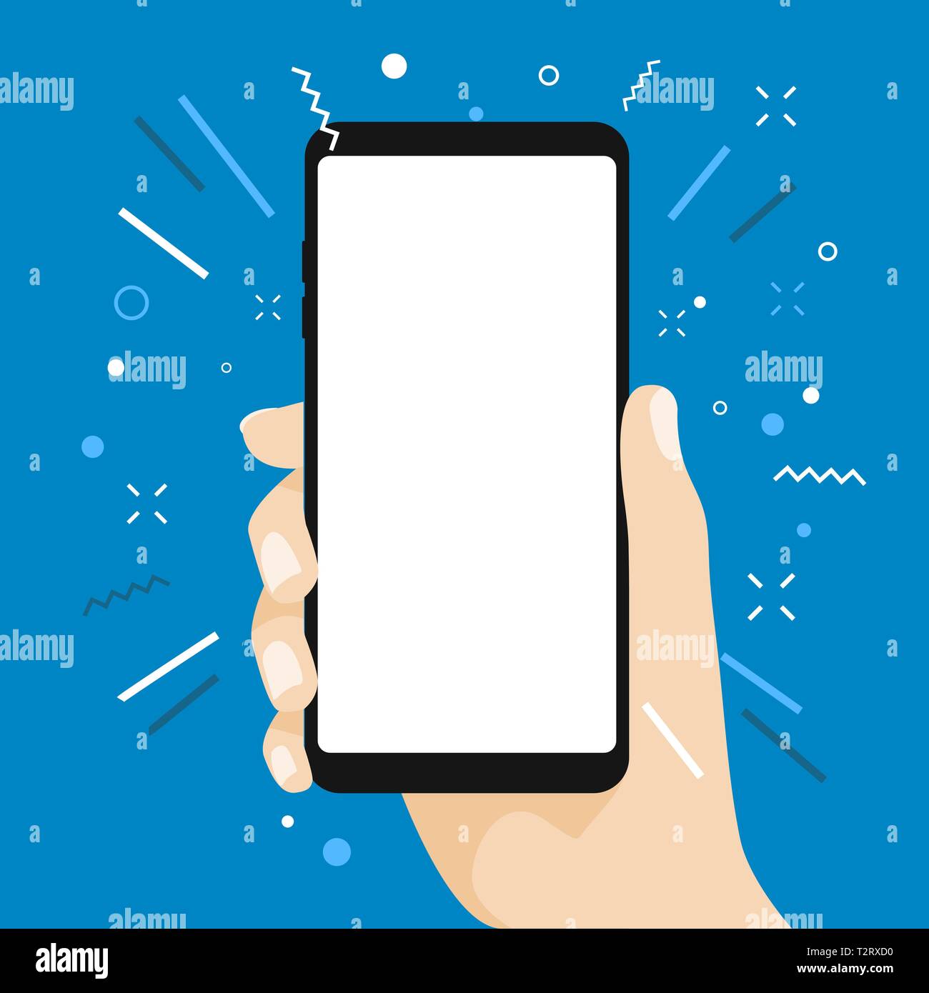 Hand holding blank screen smart phone flat design on blue background ...