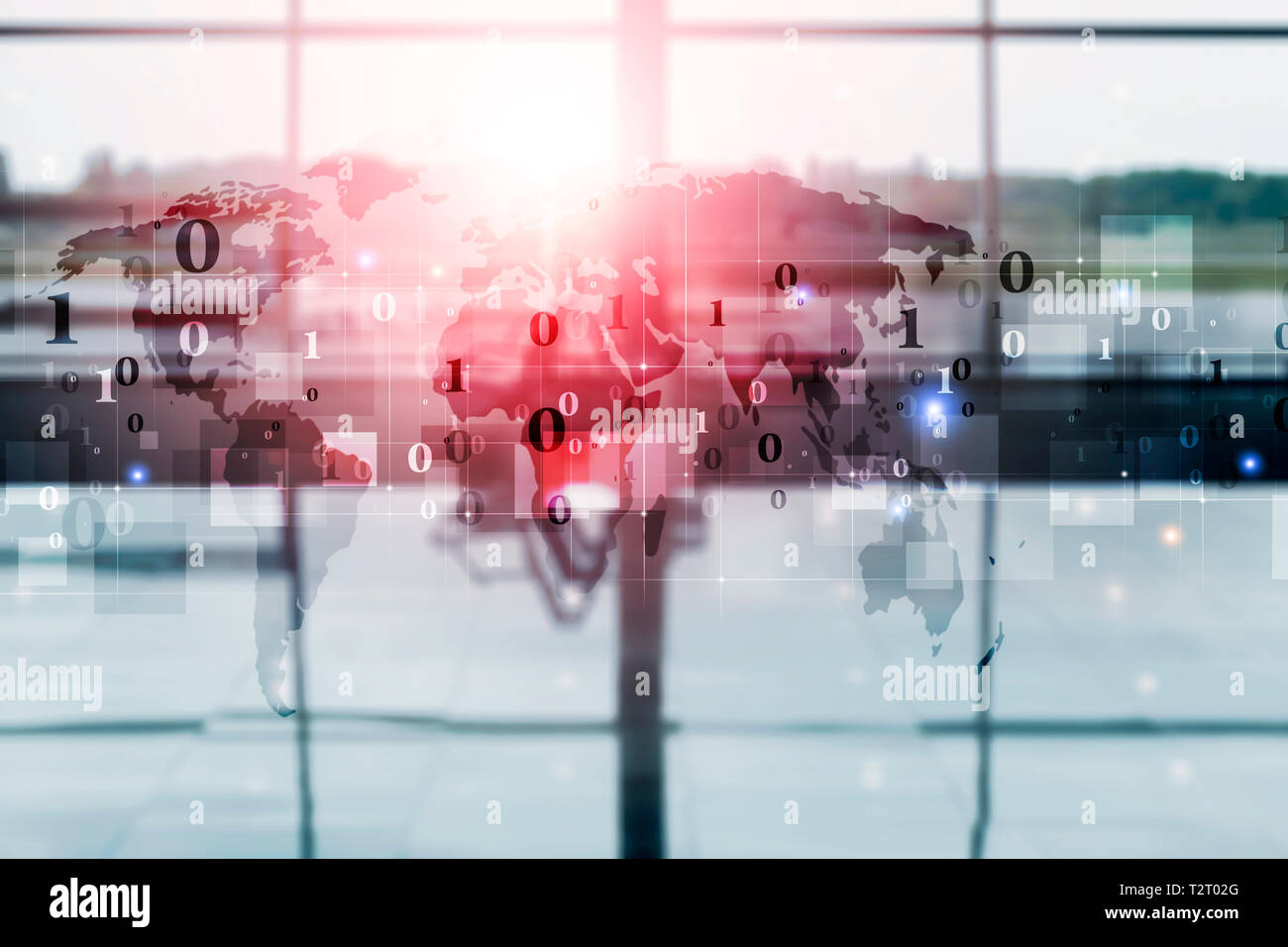 technology binary code numbers network connection on world map. mixed ...