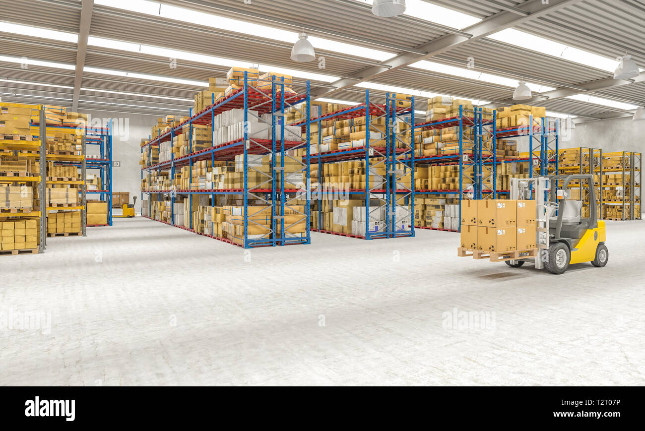 3d render image. industrial machinery at work in a large warehouse full ...