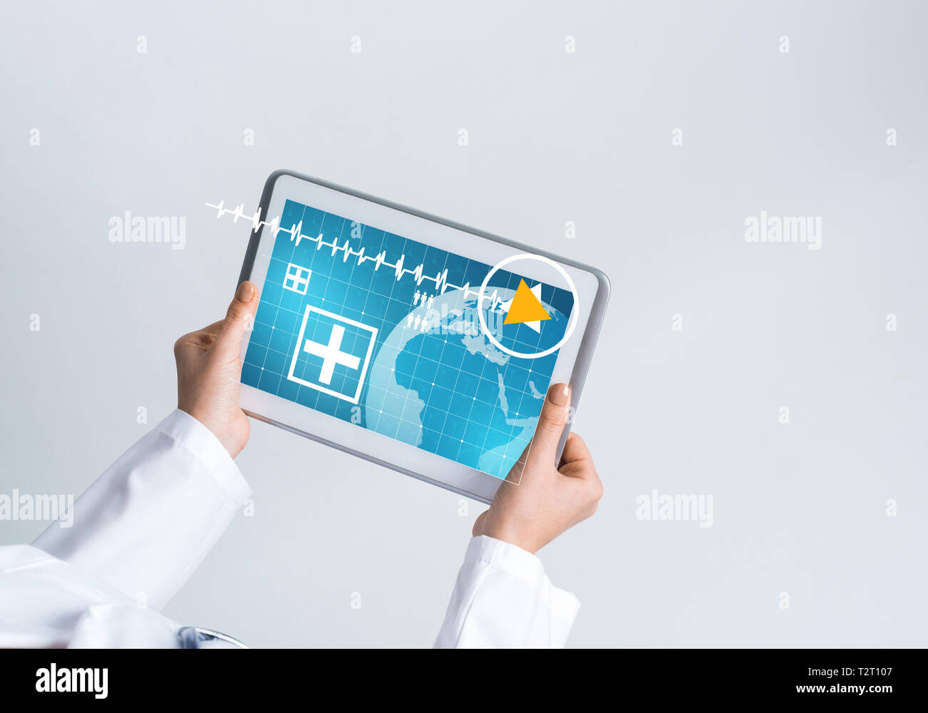 Tablet pc device with medicine interface screen in hands of doctor ...