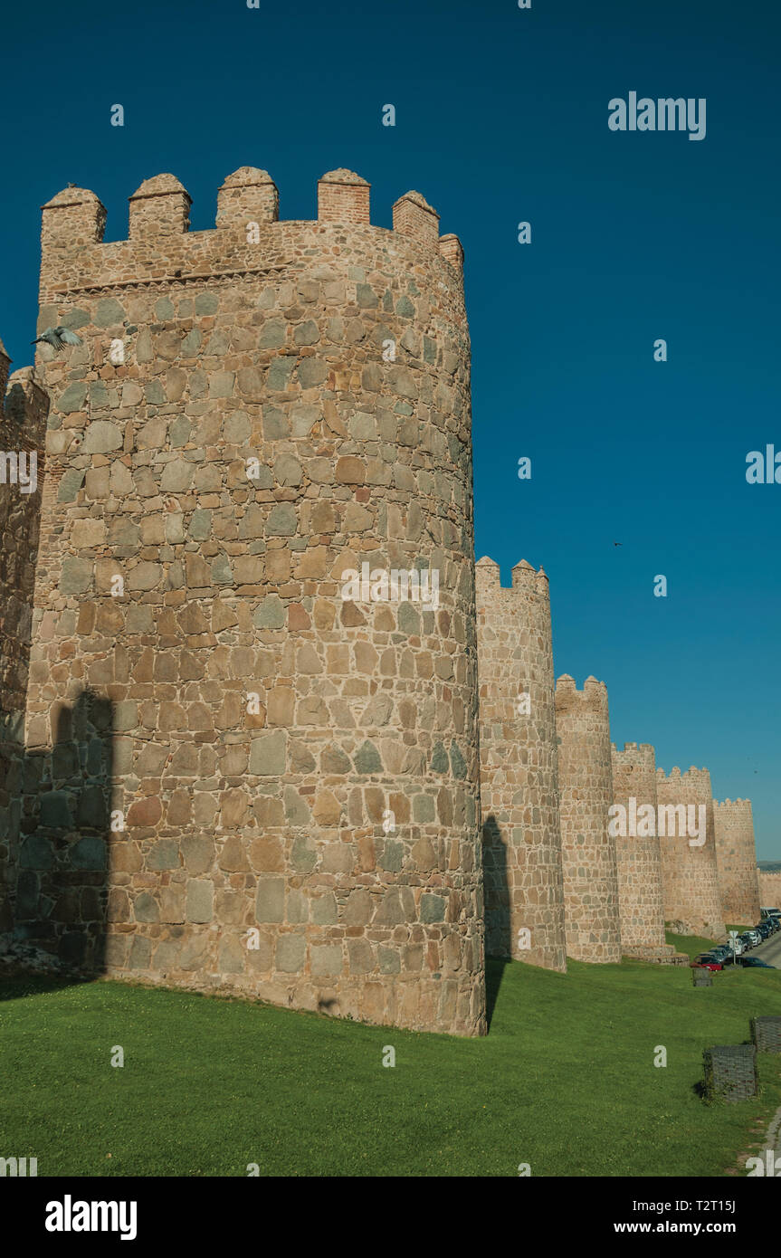 Lined stone towers on the large city wall in Romanesque style and green ...