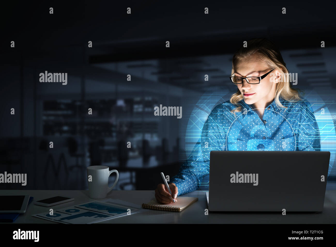 Attractive woman working on laptop and lock icon out of screen. Mixed ...