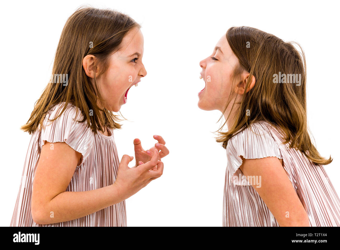 Identical twin girls sisters are arguing yelling at each other. Angry ... Identical twin girls sisters are arguing yelling at each other. Angry ...