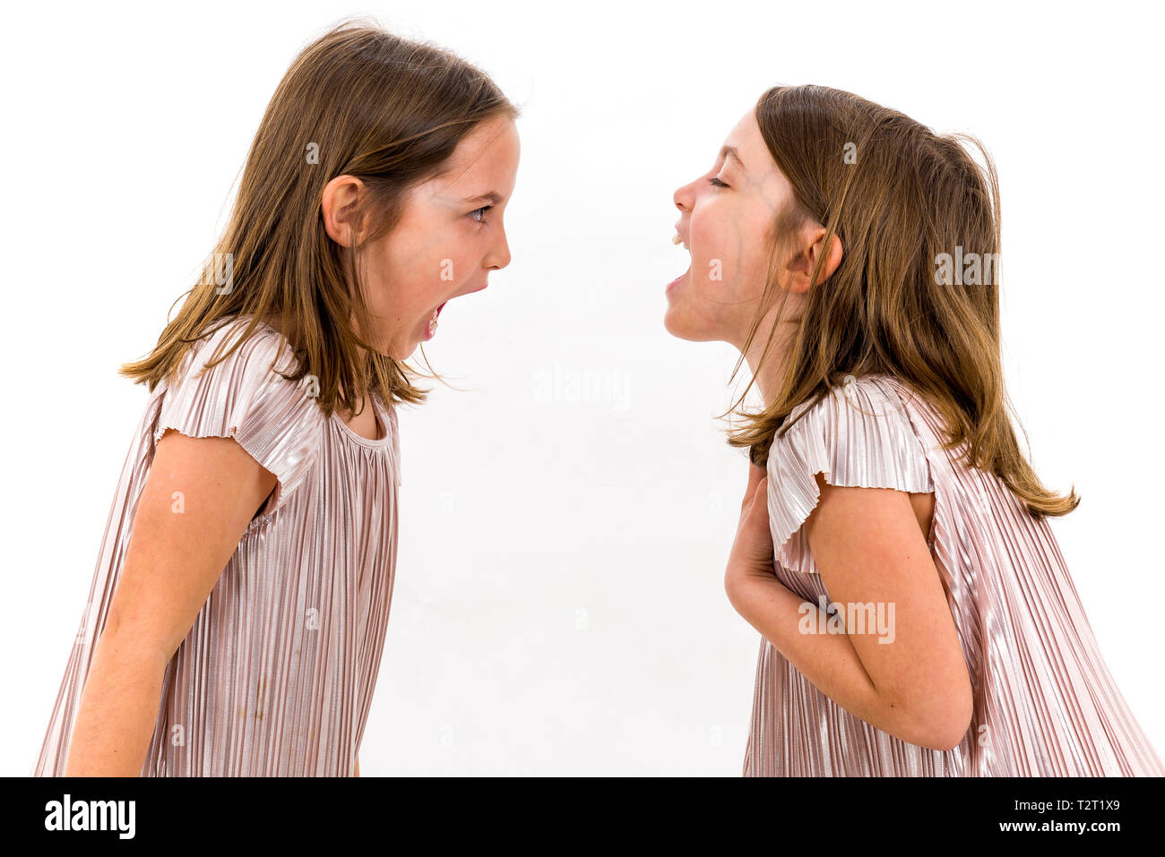 Identical twin girls sisters are arguing yelling at each other. Angry ...