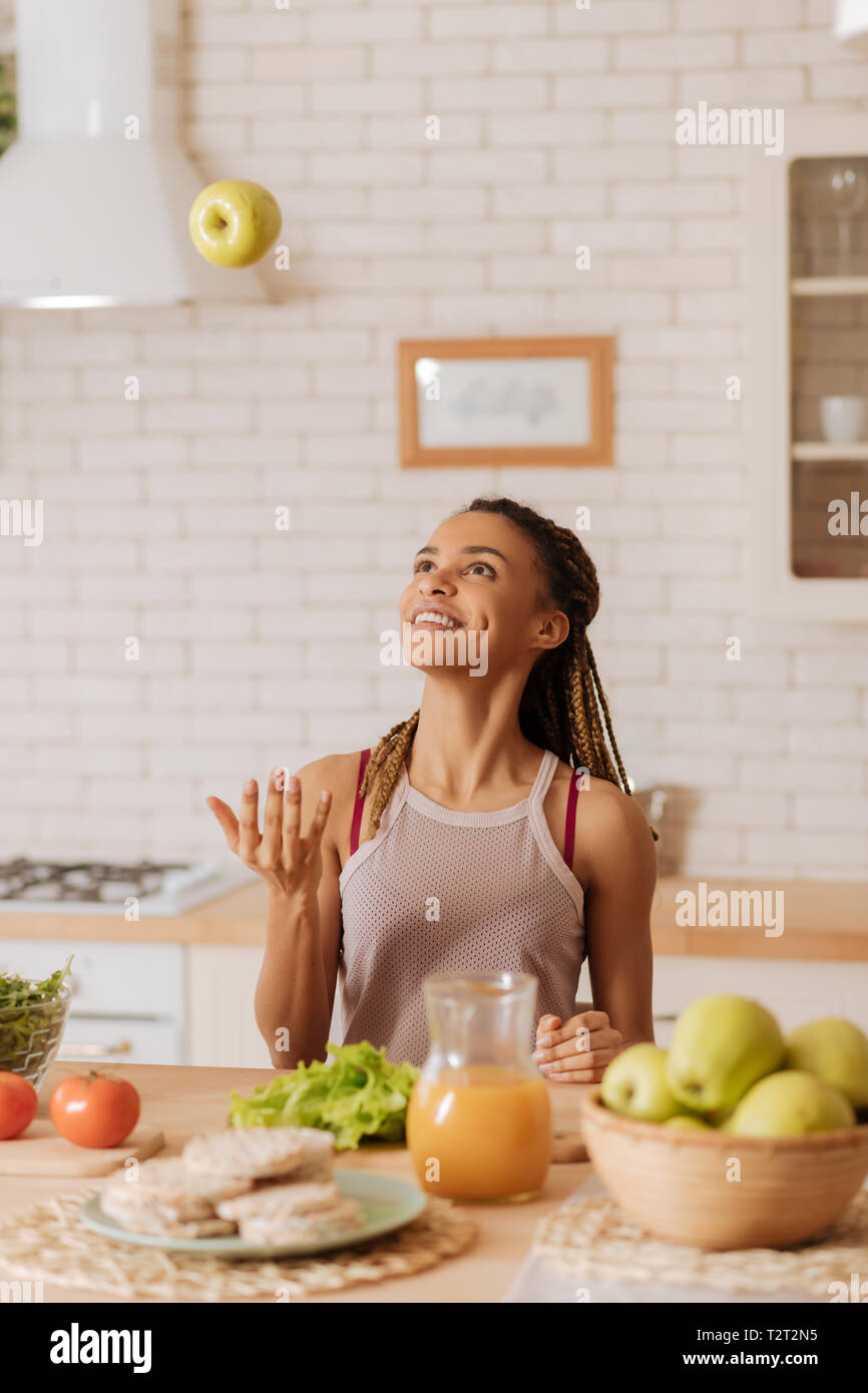 Happy morning. Cheerful excited woman feeling happy in the morning ...