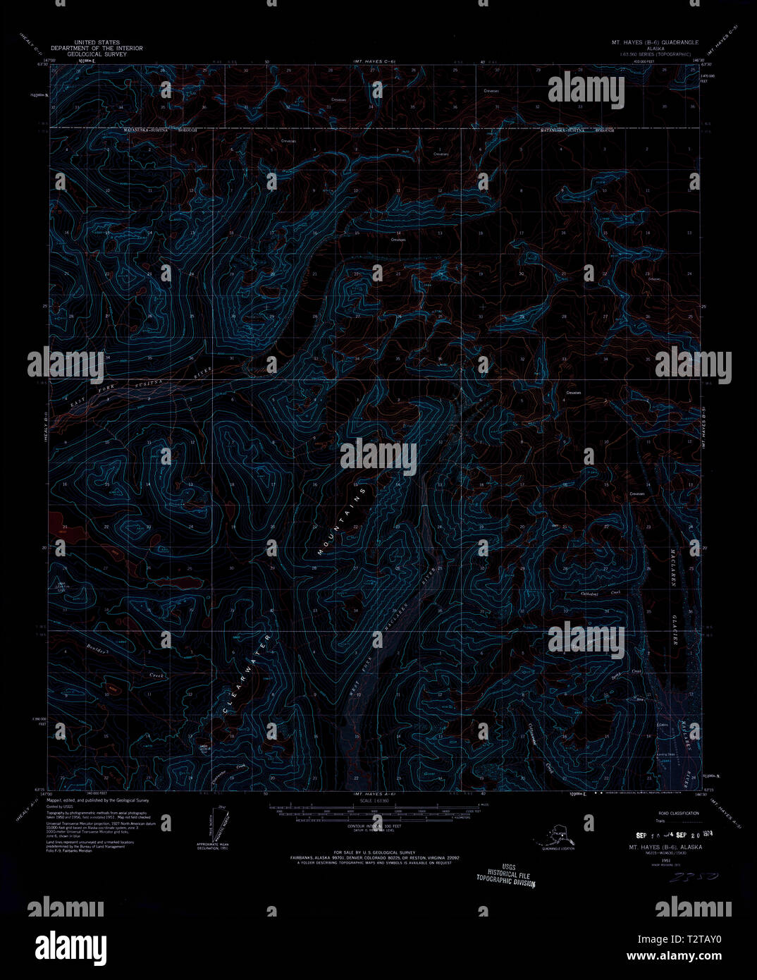 USGS TOPO Map Alaska AK Mount Hayes B-6 357656 1951 63360 Inverted ...