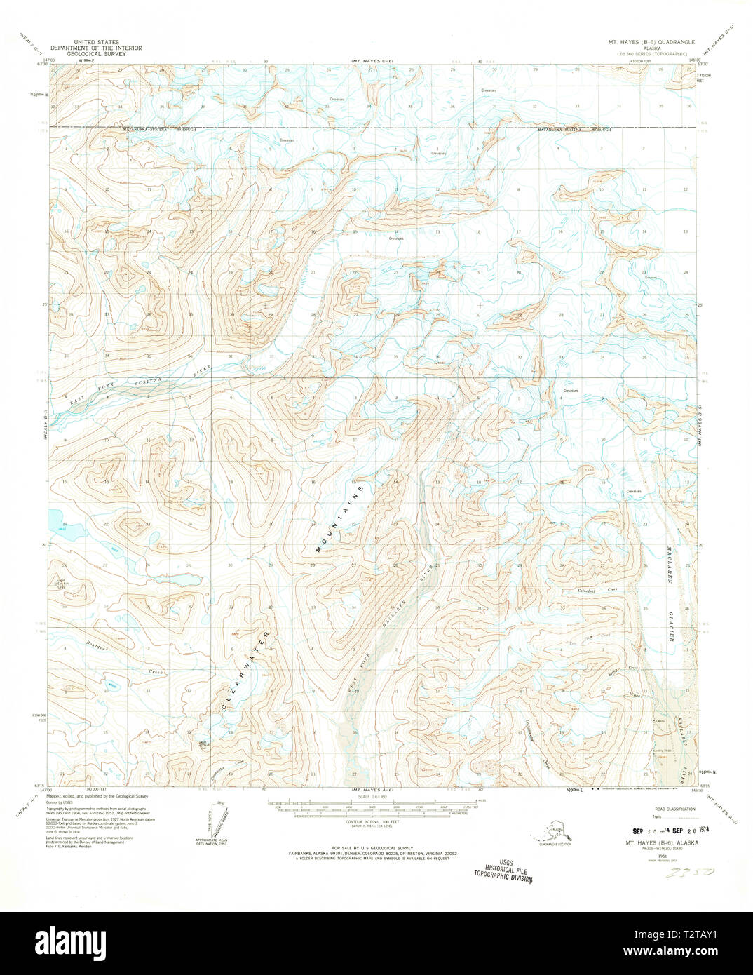 USGS TOPO Map Alaska AK Mount Hayes B-6 357656 1951 63360 Restoration ...