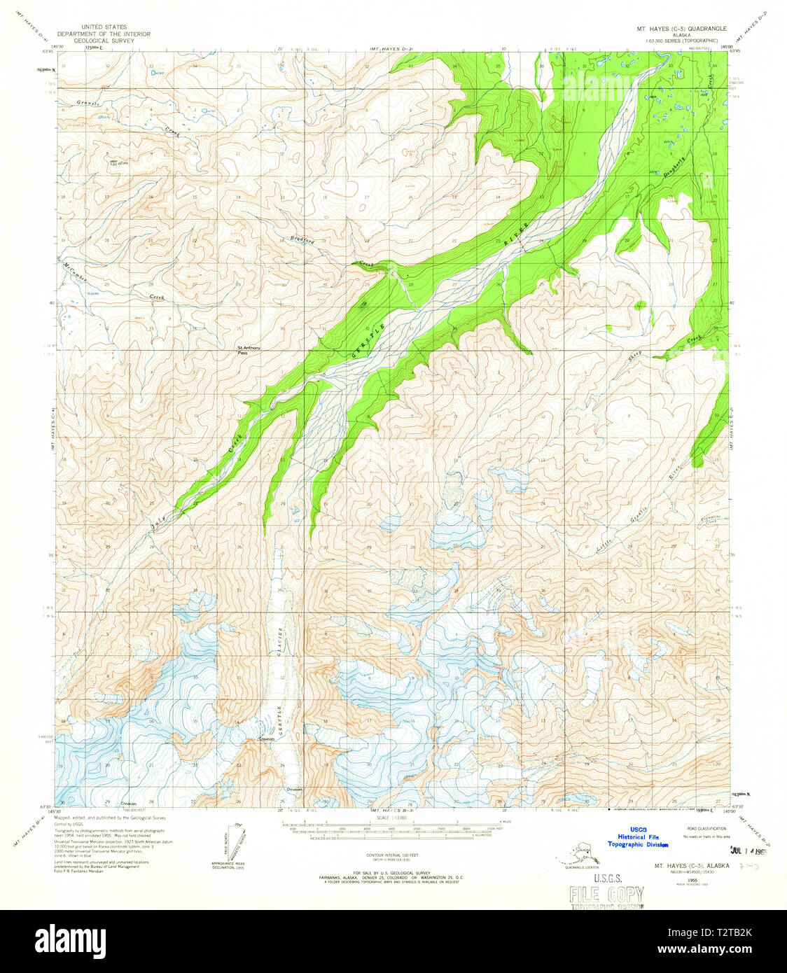 USGS TOPO Map Alaska AK Mount Hayes C-3 357667 1955 63360 Restoration ...