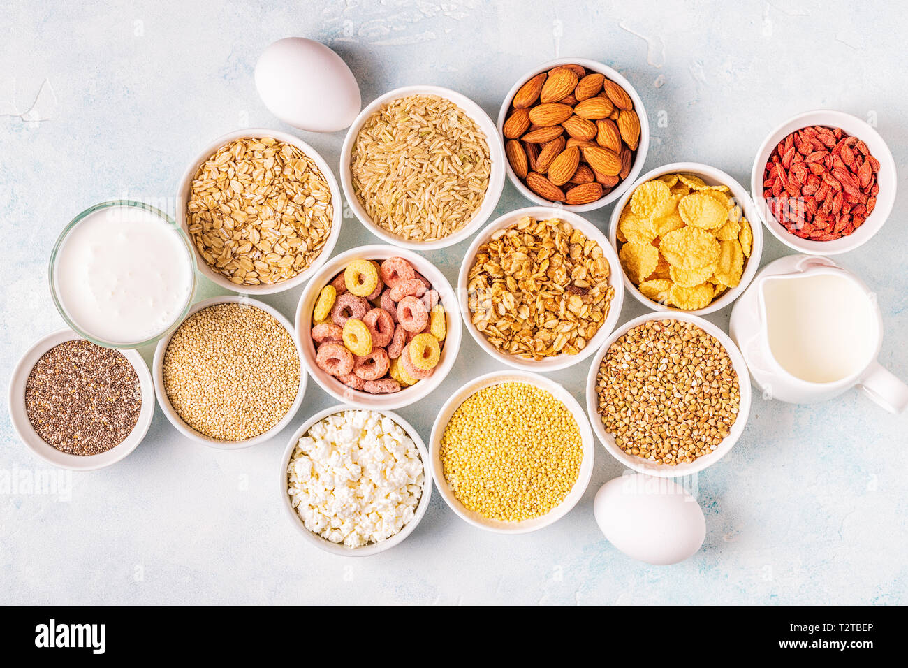 Ingredients for healthy breakfast - cereals, grains, dairy products ...